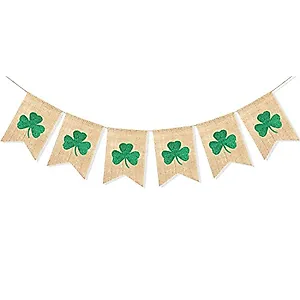 Uniwish Shamrock Banner Garland St. Patrick's Day Decorations, Vintage Rustic Burlap Sign Lucky Irish Wedding Birthday Party Favors Door Hanging