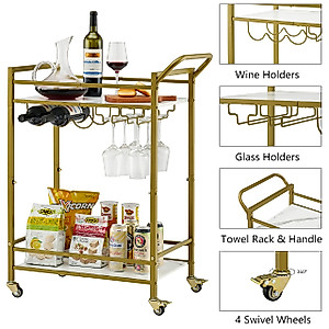 Tajsoon 2-Tier Bar Cart, Mobile Bar Serving Cart, Industrial Style Wine Cart for Kitchen, Beverage Cart with Wine Rack and Glass Holder, Rolling Drink Trolley for Living Room, Gold & White