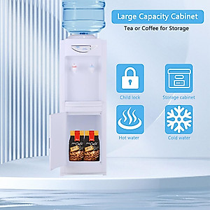 Water Dispenser for 5 Gallon Bottle, Top Loading Water Cooler Hot and Cold Water Cooler Dispenser with Child Safety Removable Drip Tray & Storage Cabinet for Office Home School, White