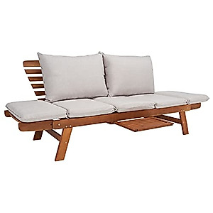 Safavieh PAT7300E Collection Emely Acacia Wood Expandable Loveseat Outdoor Daybed, Natural/Light Grey