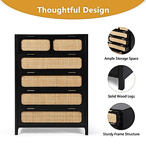 UHMUVFM 5 Drawer Dresser with Rattan Finish, Modern Farmhouse Chest of Drawers with Metal Handles, Accent Wood Storage Cabinet for Bedroom, Living Room and Kitchen (Black)