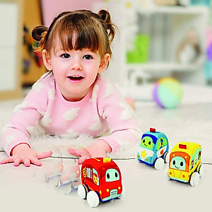 Pull Back Toy Cars – Soft Plush Toddler Car Toys, Includes: Fire Truck, Police Car & School Bus - Machine Washable 6 Months Baby Toys (Set of 3)