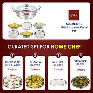 QSEC Triply bottom Idli maker Stainless Steel 4-in-1 Induction base Multi utility Kadai Idli Cooker All-in-One Big Size dhokla Cooker | 6 Plate 2 Idli | 1 mini idli 2 Dhokla 1 Patra Momo Steamer