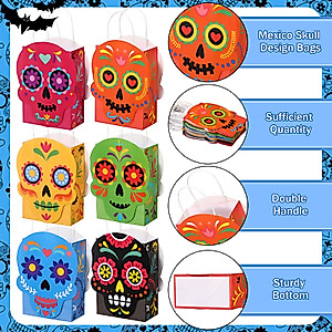 MotiMind 24 Pcs Day of The Dead Party Paper Bags Dia De Los Muertos Favors Bags with Handles Sugar Skull Treat Goodie Bags for Halloween Party Supplies