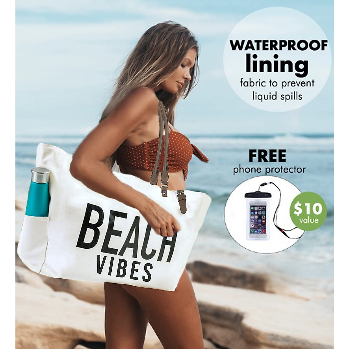 Keho Waterproof Canvas Beach Bag with Pockets For Women (Sandproof) - Navy …