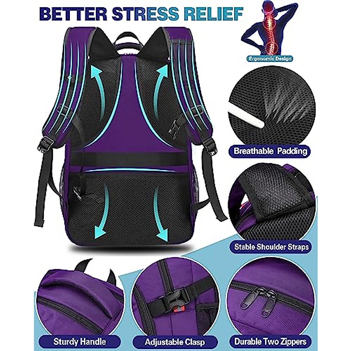 VANKEV Travel Backpack, Extra Large Laptop Backpack for Women Men，School College Business Work Bookbag Anti Theft TSA Approved Computer Bag Fits 17 Inch Laptop with USB Charging Port(Purple)