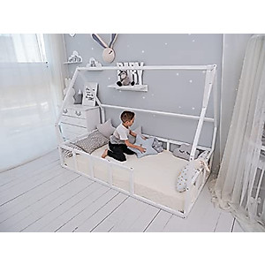 BUSYWOOD House Floor Bed For Kids - Montessori Bed for Toddlers - Wood Kids Bedroom Furniture - Cozy Toddler Bed with Rails - Twin Loft Beds for Kids (Model 1 Mini Floor with Fence, FOR SLEEPING ONLY)