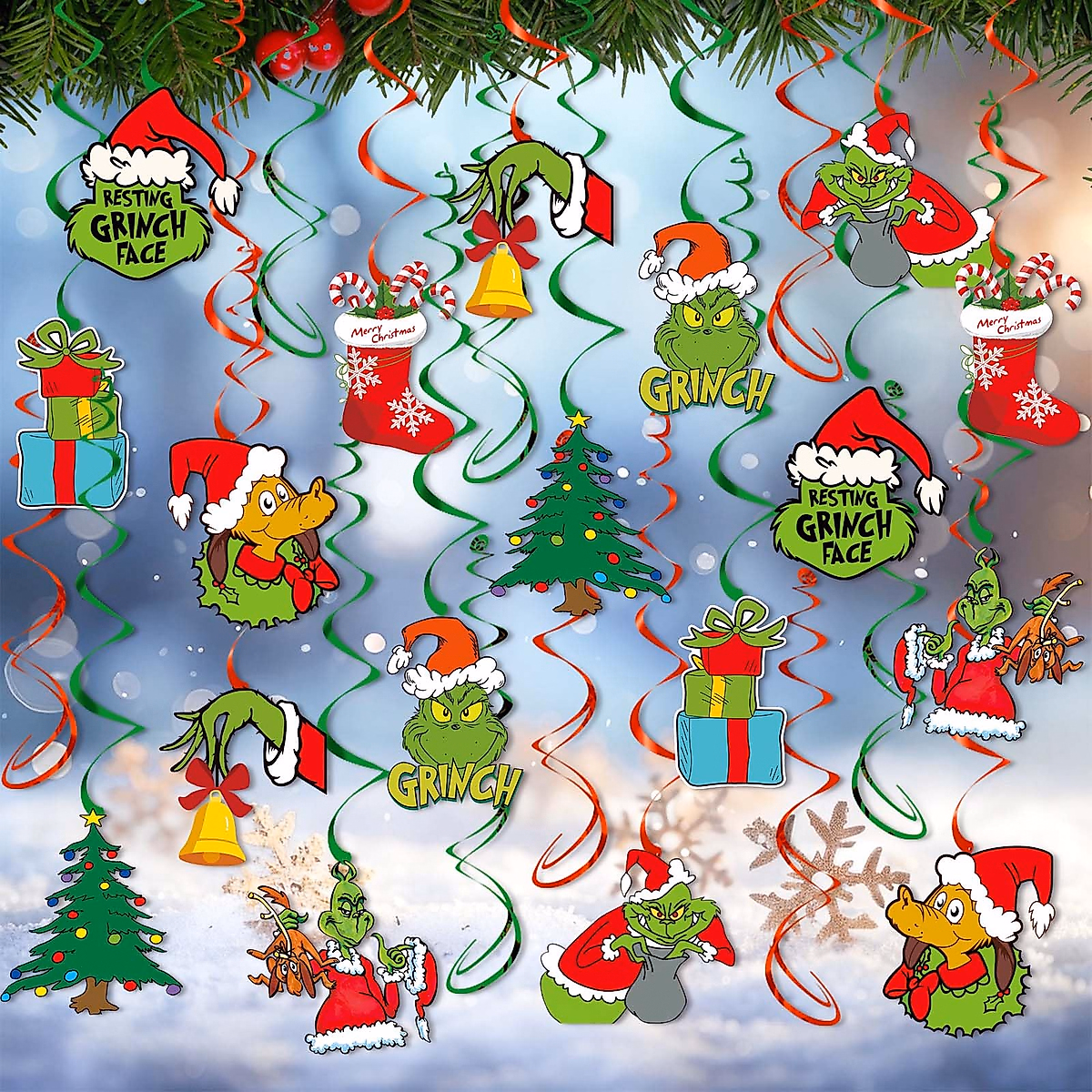 Grinch Party Decoration Merry Christmas Grinch Hanging Swirl Ceiling Decor Grinchmas Birthday Party Supplies 44 Pcs