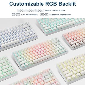 HUO JI Wireless Mechanical Gaming Keyboard, Programmable RGB Backlit, Bluetooth 5.0, Red Switches, 84 Keys, Wired 60% Keyboard for iPad, iMac Android/Windows Tablet Laptop Desktop, White