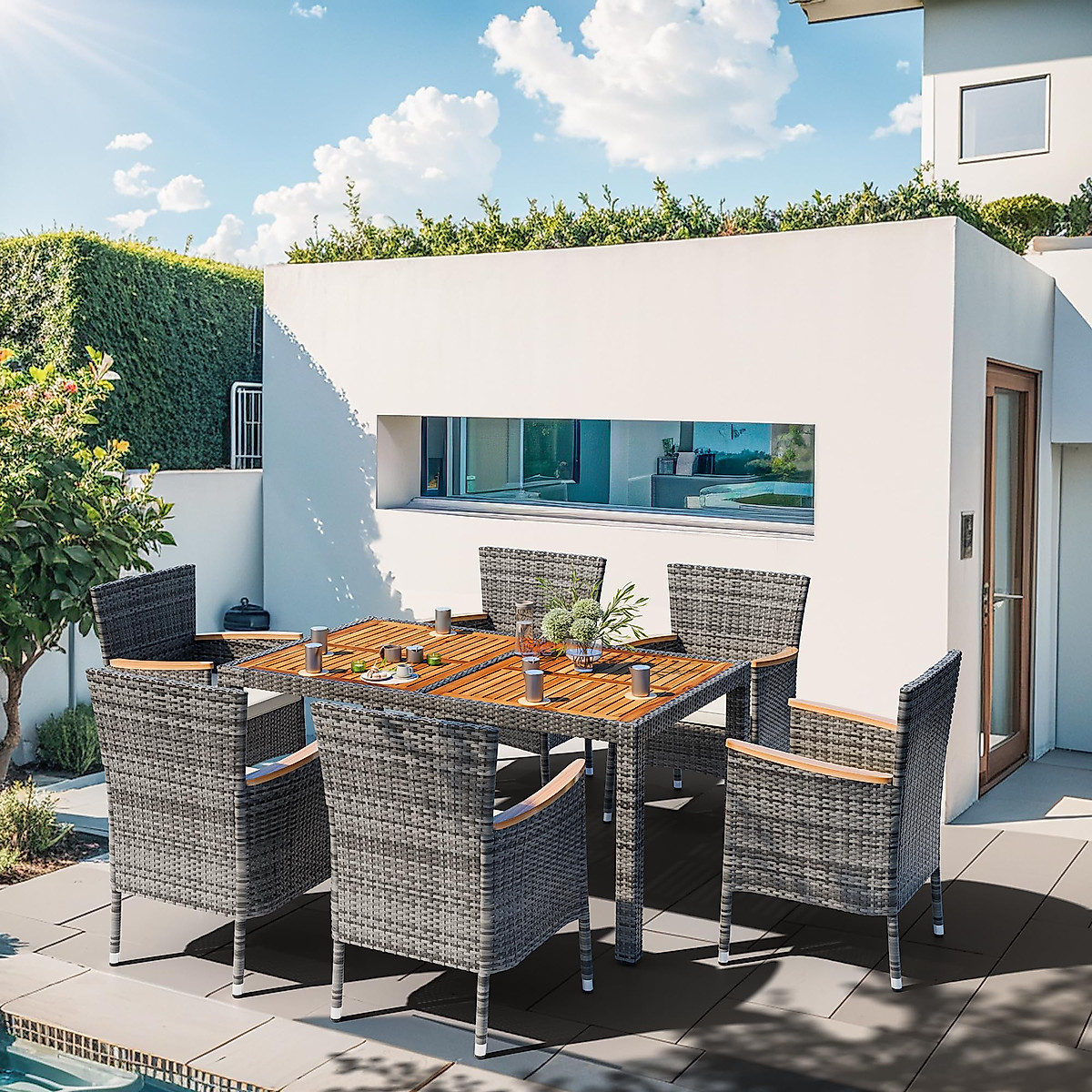 Shintenchi 7 Piece Patio Dining Set, Wicker Patio Conversation Set with Wood Table Top, Outdoor Table and Chairs with Soft Cushions for Backyard, Deck and Garden, Grey Rattan