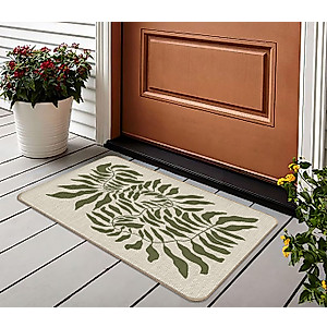 Lacosu Boho Door Mat,Summer Olive Green Botanical Leaf Front Door Mat Indoor Outdoor Entrance,Summer Boho Botanical Decor,Mid Century Modern Decor,17"X30"