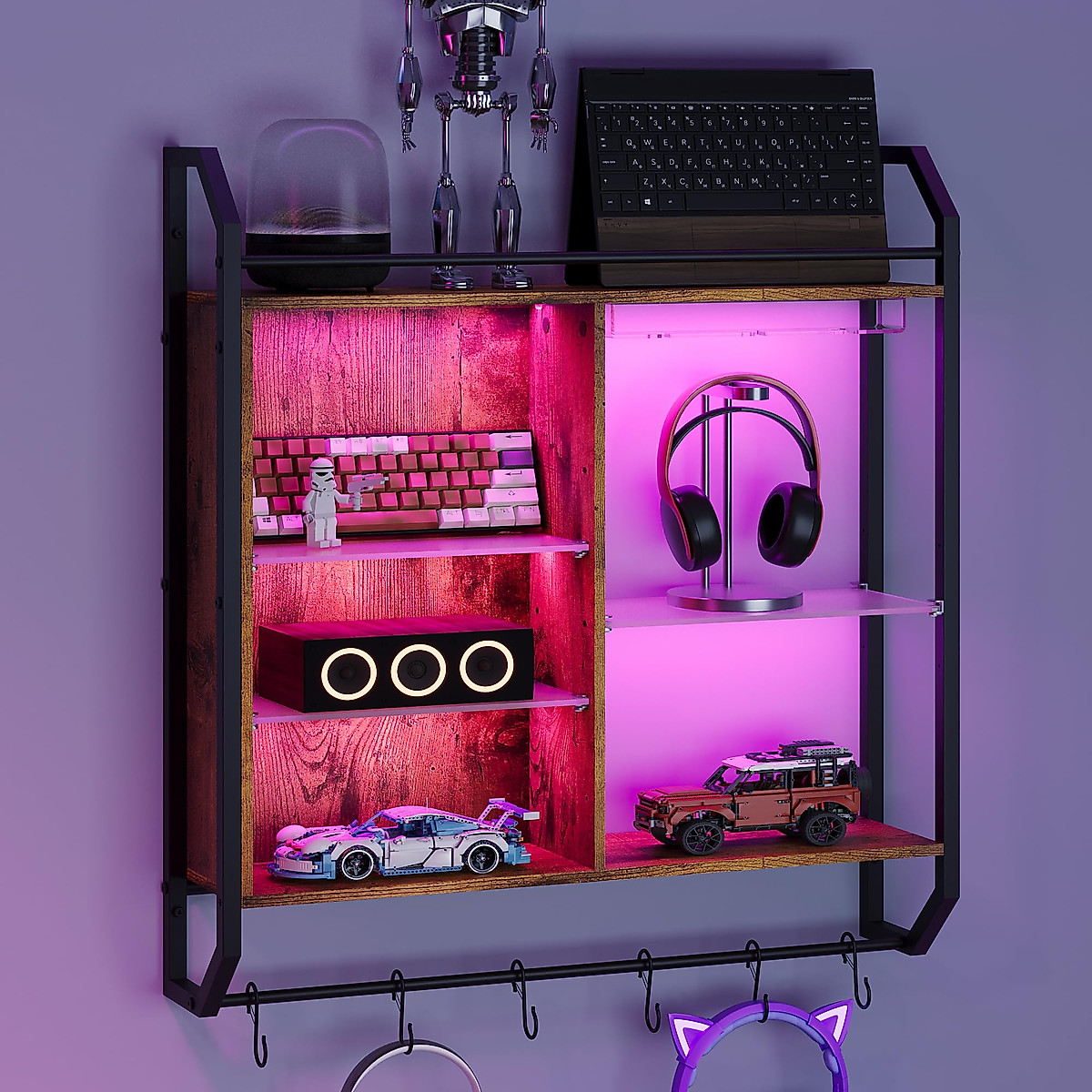 Sttoraboks Gaming Floating Shelves Glass Holder LED Wall Mounted Shelf with Adjustable Acrylic Pipe Shelving Modern Display Storage Rack Bookshelf with 6 S-Hooks for Living Room Wine Coffee Bar Décor