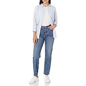 Amazon Essentials Women's Classic-Fit Long-Sleeve Button-Down Poplin Shirt, French Blue Stripe, X-Large