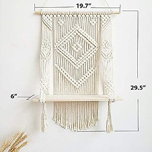 Qmercan Macrame Wall Hanging Shelf - Boho Indoor Hanging Shelves for Wall - Decorative Bohemian Floating Plants Organizer, Handmade Macrame Wooden Rope Woven Shelf for Indoor