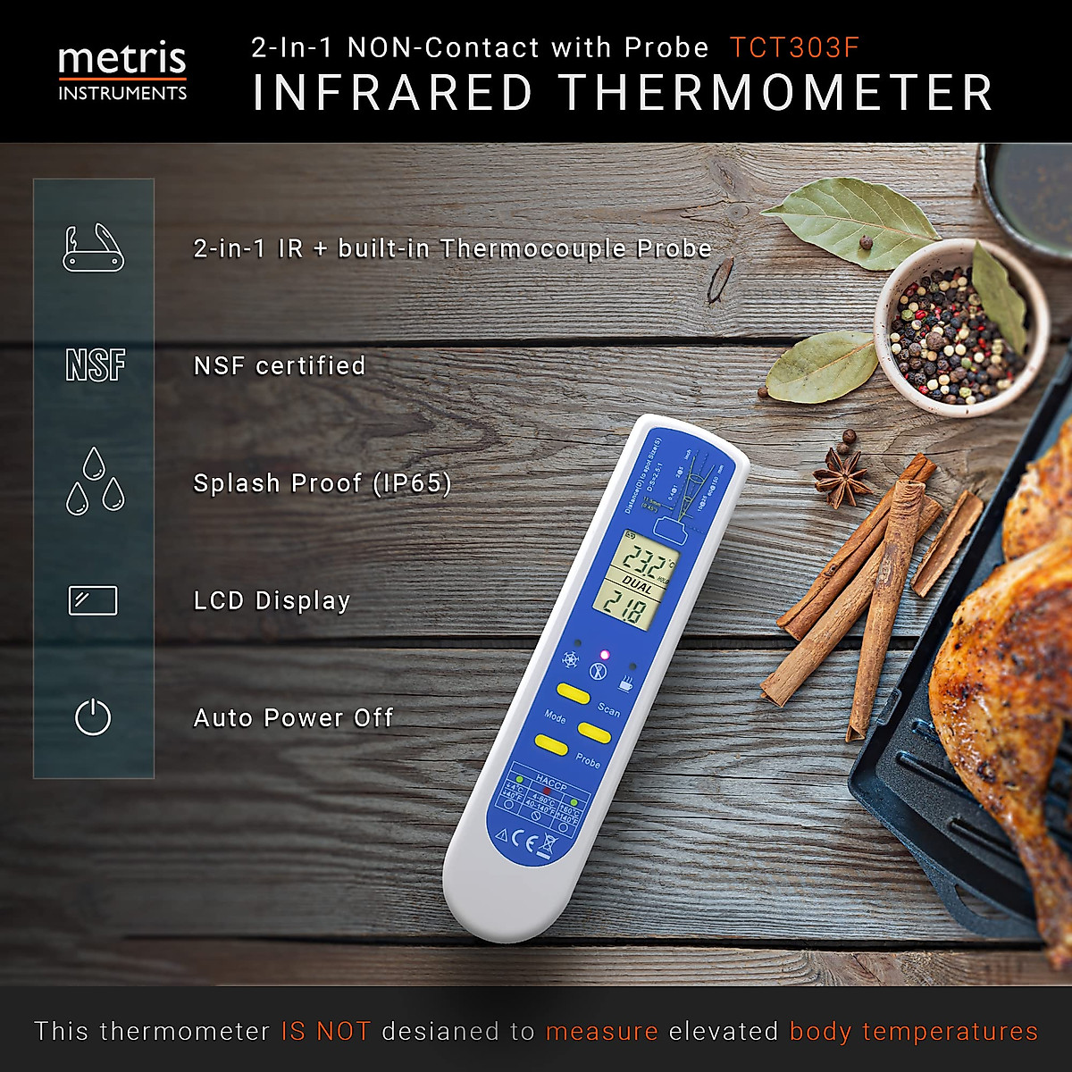Metris Instruments Food Cooking Meat Thermometer Digital Infrared Instant Read with Probe for Kitchen, Outside Grill, BBQ Smoker, Model TCT303F-NSF NSF Approved