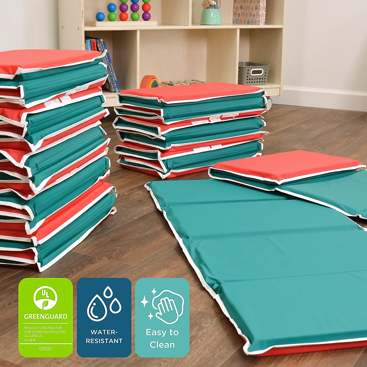 Children's Factory Toddler Nap Mats, Hand-Washable Soft Nap Mat with Pillow for Preschool and Daycare, Red and Green, Set of 10