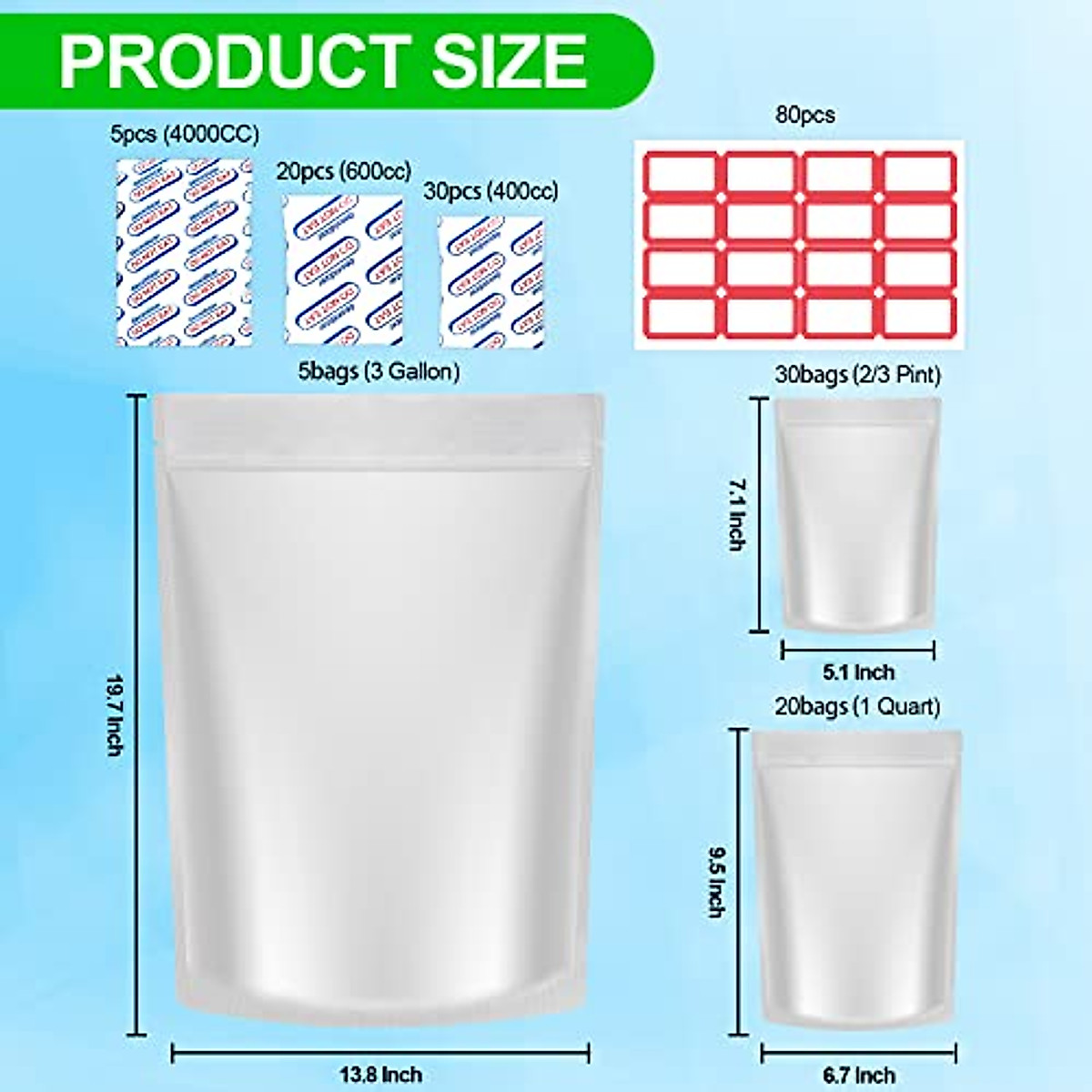 55 Pack Mylar Bags with Oxygen Absorbers, 10 Mil Mylar Bags for Long Term Food Storage, Resealable Heat & Sealable