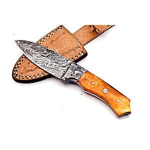 Nooraki SK-REG 44 Custom Handmade Damascus Steel Knife, Hunting knife, Camping knife, Survival Knife, Coloured Bone Handle, Full Tang with Leather Sheath