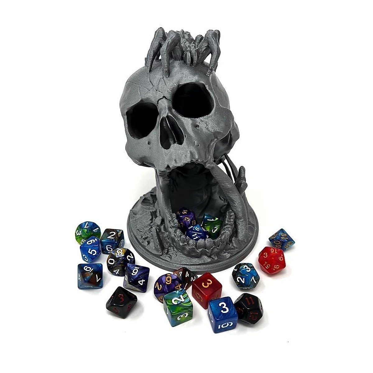 MunnyGrubbers - 6.5" Skull Dice Tower - (Random 7PCS D20 Dice Set Included) - No Paint Odorless Plastic - Tabletop Roleplaying Game - Dice Roller - Dungeons and Dragons - DND - D&D - (Silver)