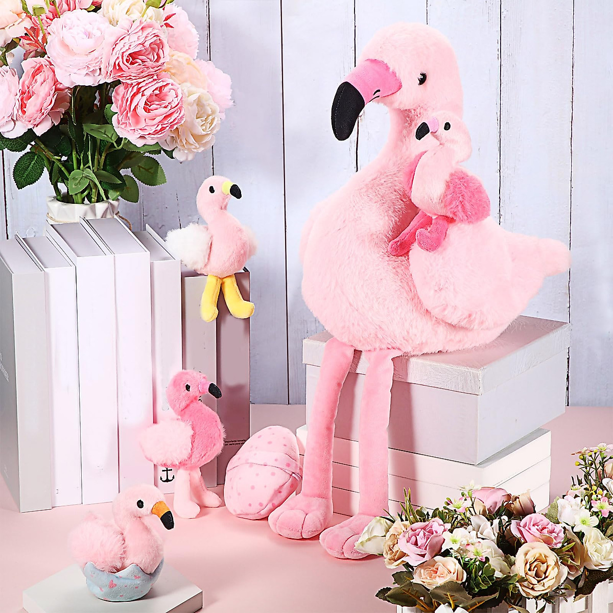 Skylety 6 Pieces Plush Flamingo Stuffed Animal 20 Inch Mommy Stuffed Flamingo with 4 Flamingo and 2 Eggs Pink Flamingo for Decoration Valentines Party Favors Christmas