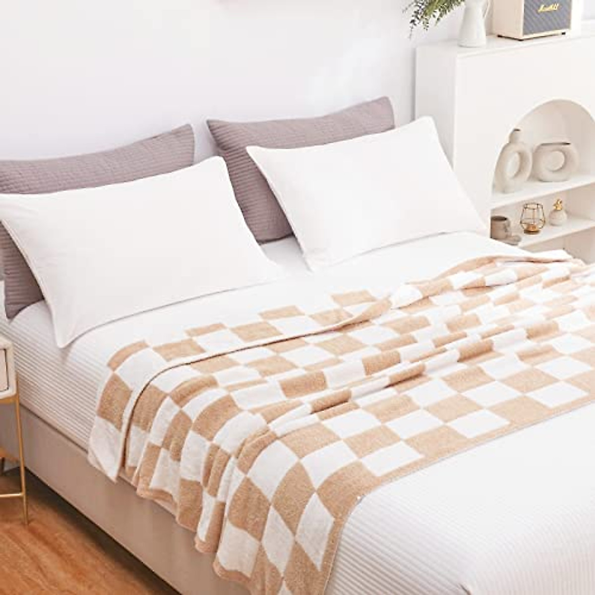 WESHIONGOO Brown Checkered Blanket Knit Throw Blanket with Checkerboard Reversible Chessboard Gingham Plush Cozy Warm Decor for Couch Bed Sofa(50"×60" inch)