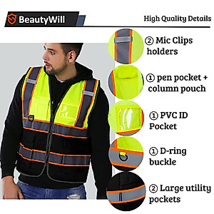 BeautyWill Custom Mesh Safety Vest Customized Logo Class2 High Visibility Reflective Vest with Pockets Construction workwear （Yellow Black，L ）