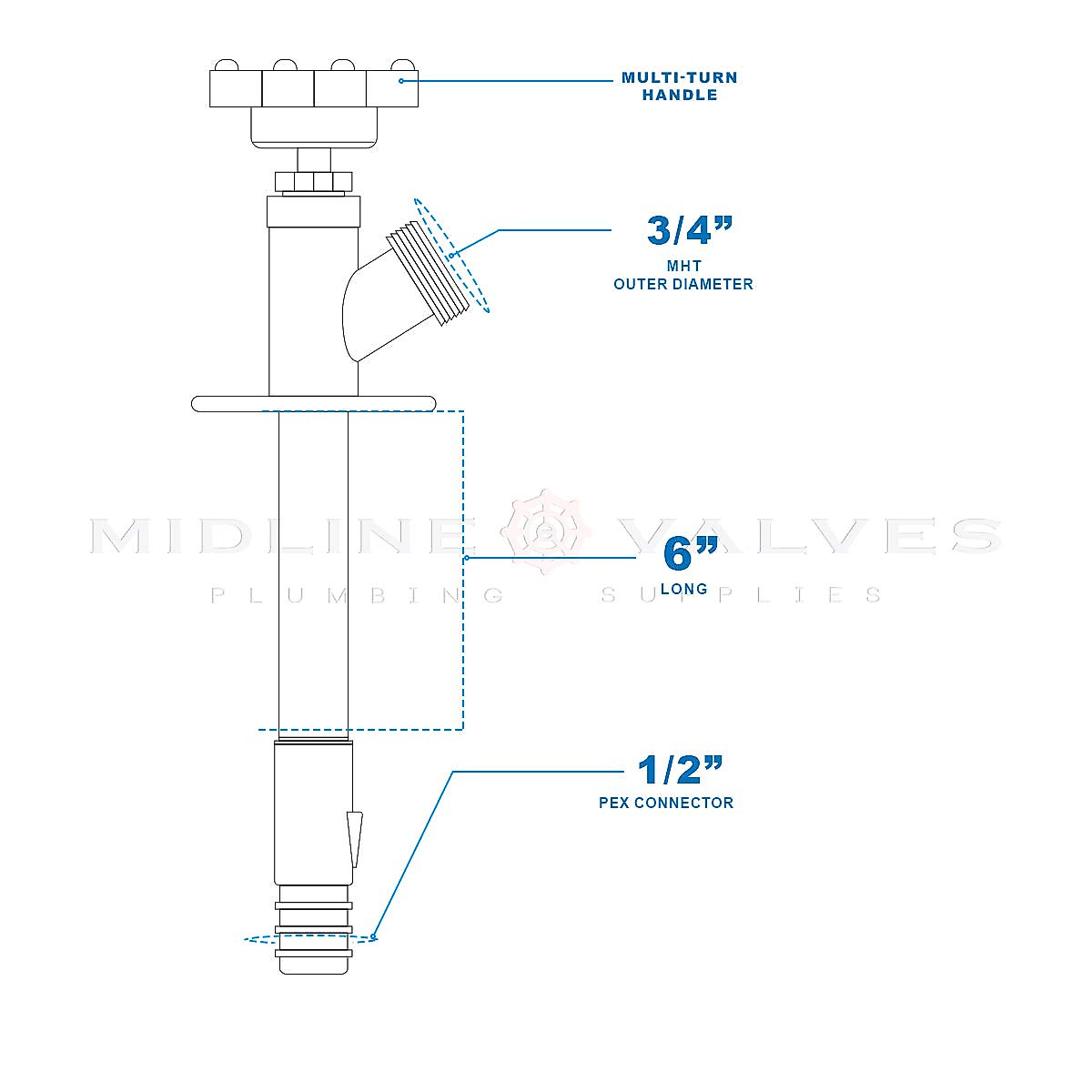 Midline Valve 8428P Sillcock Pipe Chrome Plated Brass Body Frost 1/2 inch PEX Connection and 3/4 inch Hose Bib, 6