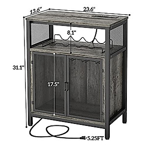 Unikito Wine Bar Cabinet with RGB Light and Outlet, FreeStanding Wine Rack Table, Liquor Cabinet with Glass Holder, Floor Bar Cabinet for Liquor and Glasses for Home Kitchen Dining Room, Black Oak