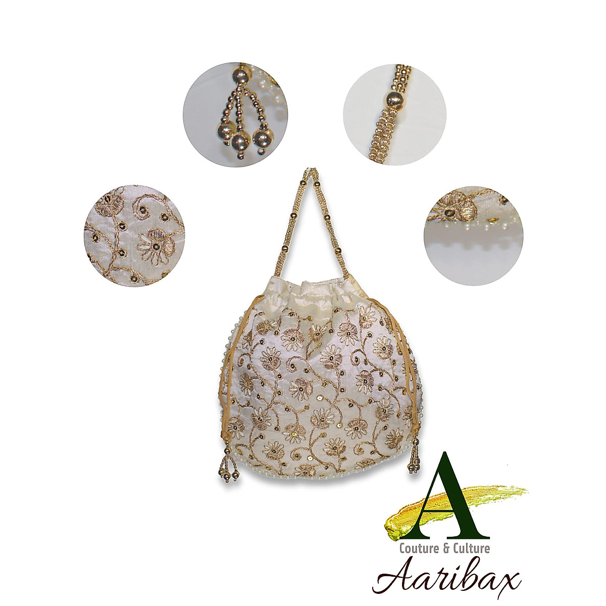 Stylish Aaribax Potli Bag: Large Indian Evening Handbag for Women, featuring Gold Clutch Purses with Handle, Perfect for Weddings & Parties