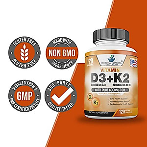 Vitamin D3 K2 (MK-7), Vitamin D3 (5000IU) + K2 (MK-7) 200mcg w/ Organic Coconut Oil, Vitamin D3 + K2, Vitamin D3 + K2, Vitamin K2 D3, Immune & Bone Health, No Fillers, Made in USA, 120 Veggie Capsule