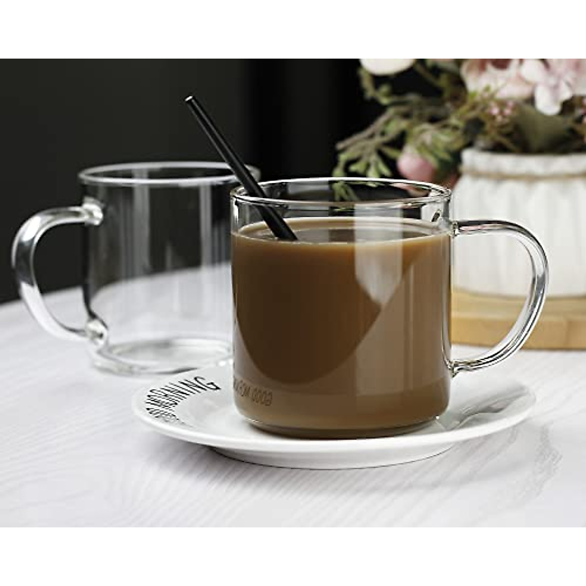 LUXU Glass Coffee Mugs Set of 4,Large Wide Mouth Mocha Hot Beverage Mugs (14oz),Clear Espresso Cups with Handle,Lead-Free Drinking Glassware,Perfect for Latte,Cappuccino,Hot Chocolate,Tea and Juice