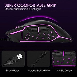 LeadsaiL Gaming Mouse Wired RGB PC Gaming Mice, 7200 DPI, 8 Programmable Buttons, 6 Color Backlight, Ergonomic Optical Computer Mouse for Desktop PC Laptop Gamer & Work