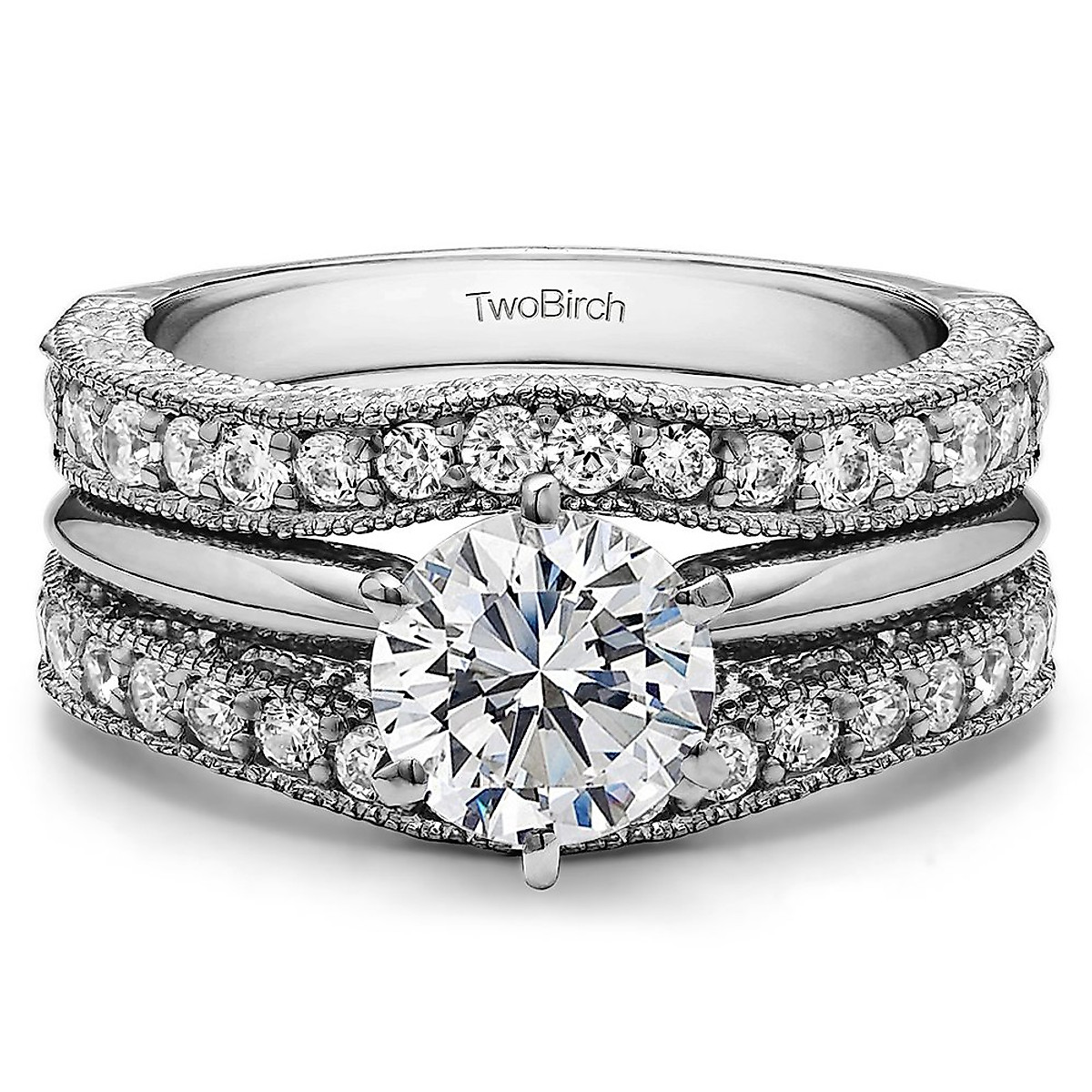 TwoBirch Sterling Silver Contour Ring Guard with Millgrained Edges and Filigree Cut Out Design With CZ or MOISSANITE (0.48 ct.) (Cubic Zirconia, 7)