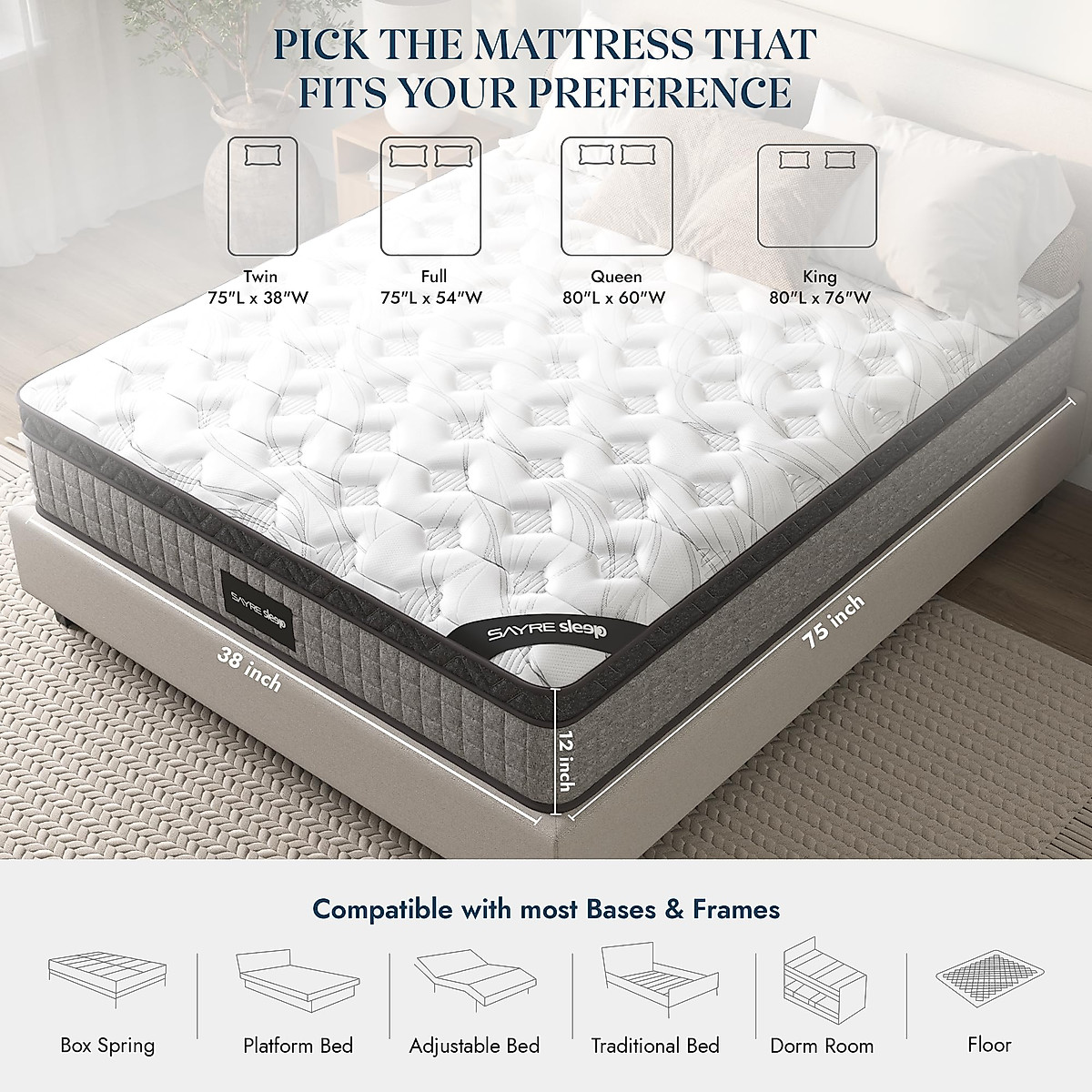 SAYRE SLEEP 12” Diamond Innerspring Hybrid and Cooling Gel Memory Foam Mattress, Pressure Relief, and Motion Isolation, CertiPUR-US and Oeko TEX Certified, Assembled in USA - Twin Mattress