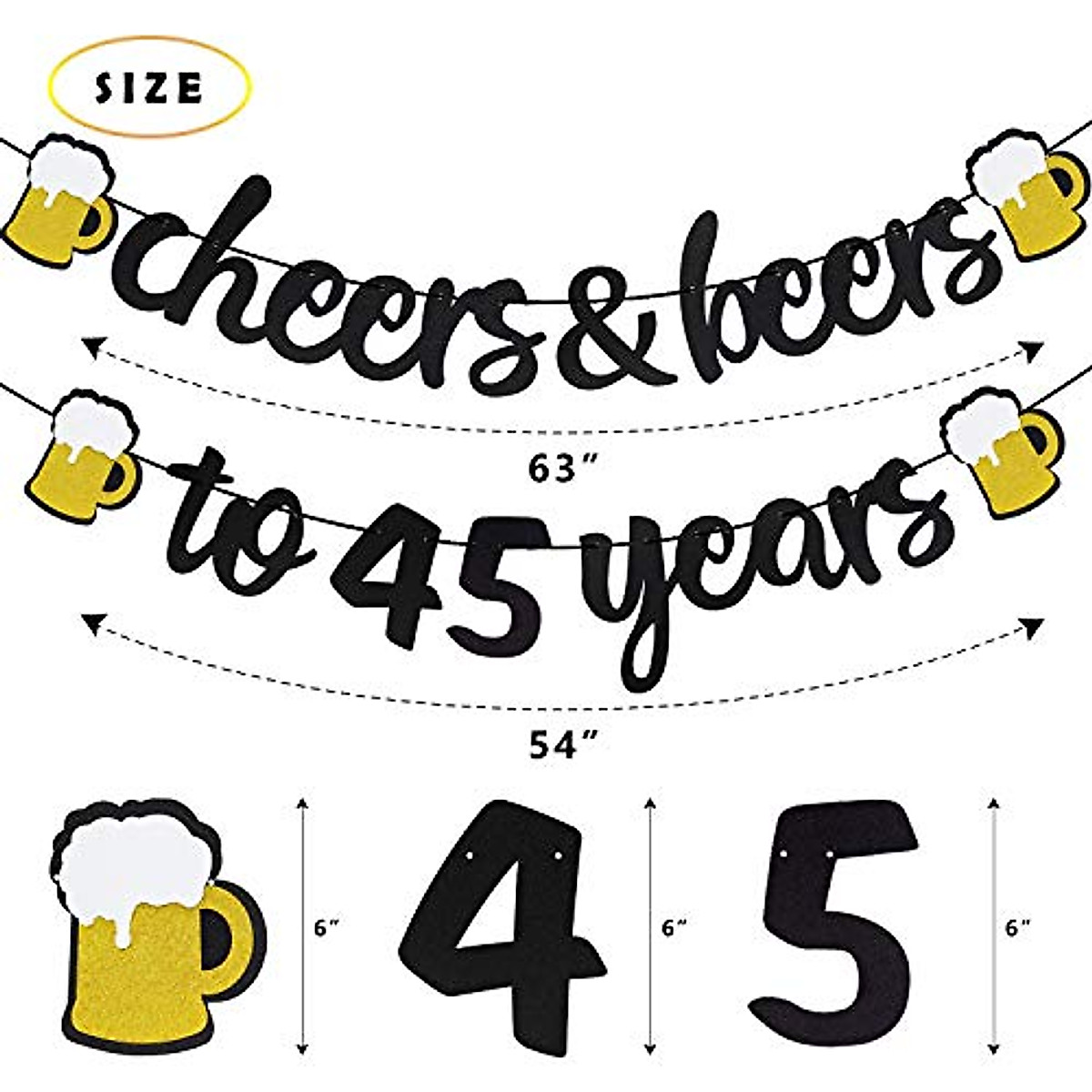 45th Birthday Decorations Cheers to 45 Years Banner for Men Women Birthday Backdrop Wedding Aniversary Party Supplies Decorations Black Glitter Pre Strung
