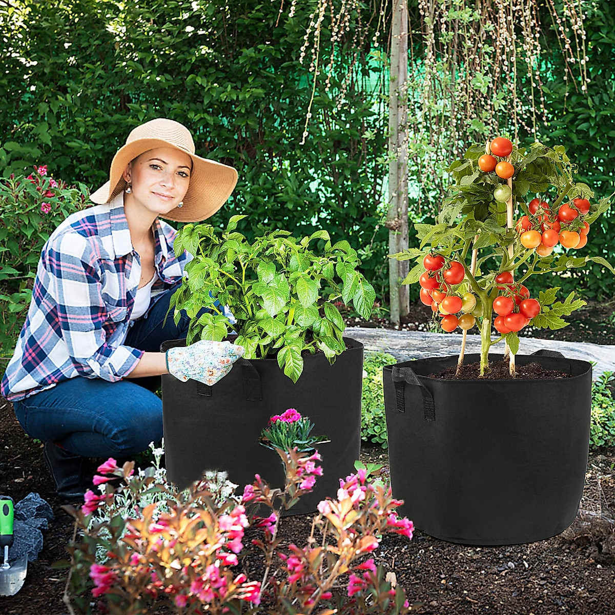 LotFancy 5-Pack 10 Gallon Grow Bags, Thickened Nonwoven Aeration Fabric Pots with Reinforced Handles, Heavy Duty Gardening Planter Containers for Vegetables Flowers Fruits, Black