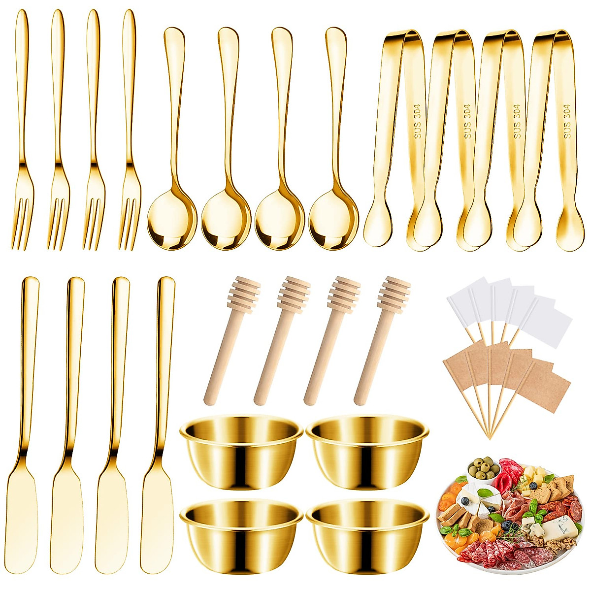 Mlurcu Cheese Butter Spreader Knives Set Charcuterie Board Accessories Stainless Steel Spreader Knives Forks Spoons Mini Serving Tongs Small Dipping Bowls Toothpick Flags Utensils for Pastry Making
