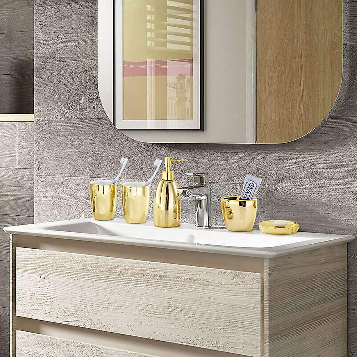 WYZQQ Luxury Gold Ceramic Bathroom Accessory Set, Bathroom Decor Including Soap Dispenser, Toothbrush Holder, Cup, Soap Dish, Tray - Creative Home Gift