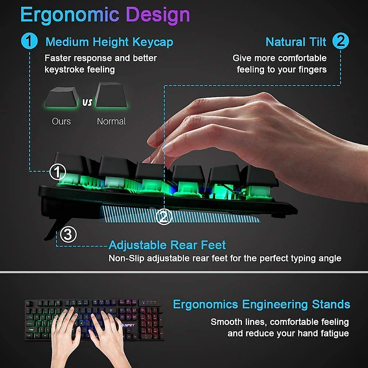 NPET Gaming Keyboard and Headset Bundle, Ultra-Slim Rainbow LED Backlit Keyboard, Stereo Gaming Headset for PS4, PC, Xbox One Controller