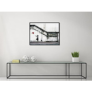 Wieco Art Framed Canvas Wall Art Canvas Prints of Banksy Grafitti Girl with Red Balloon Abstract Artwork for Wall Decor Home Decorations Black Frame