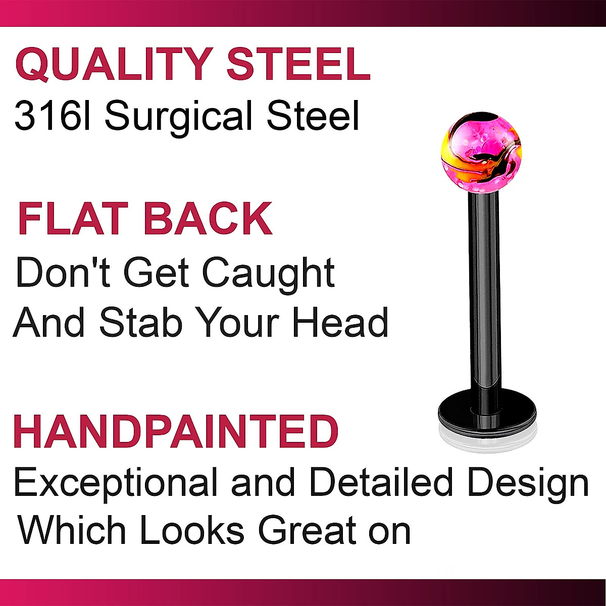 bodyjewellery 2pcs 16g 3/8 Labret Stud Lip Rings Snake Bite Monroe Tragus Forward Helix Conch Black Anodized Hand Painted 02 Ball - 10mm