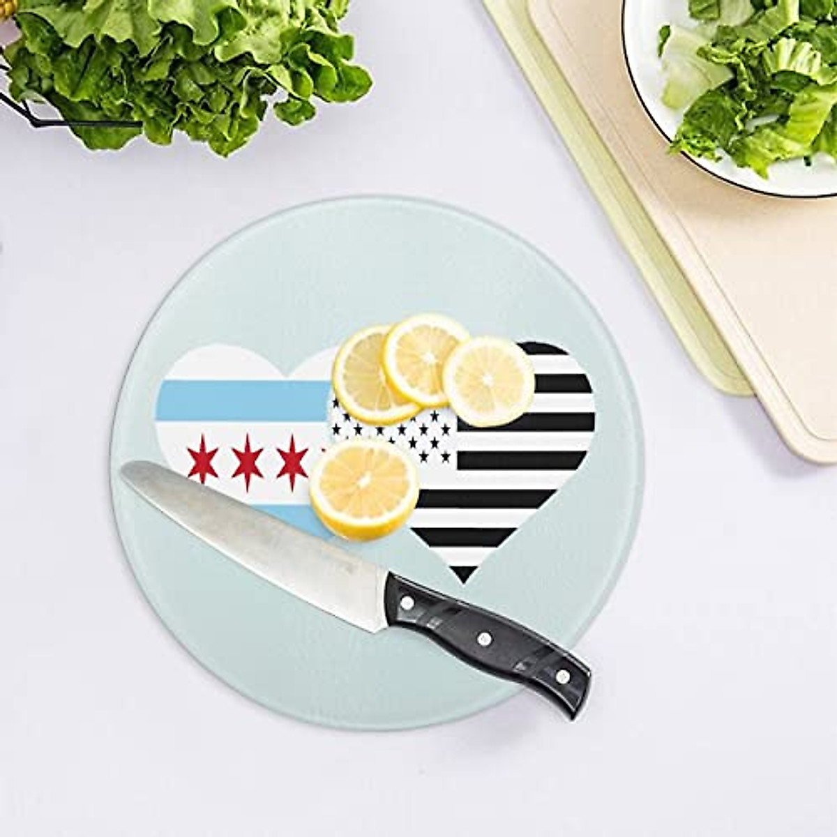 Chicago Flag and American Flag Glass Cutting Board Round Kitchen Decorative Chopping Blocks Mats Food Tray for Men Women