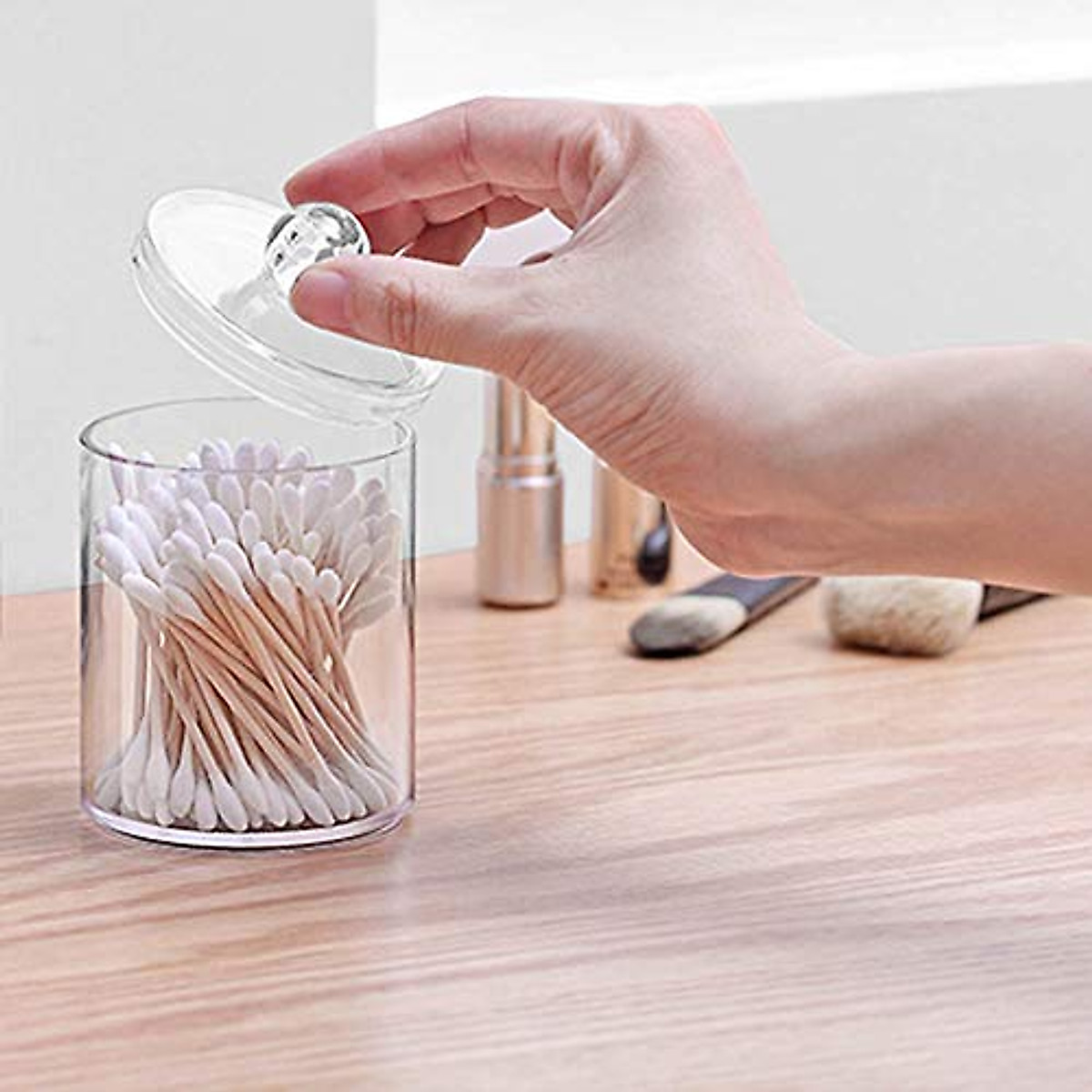 AXX Qtip Dispenser Apothecary Jars Bathroom - Qtip Holder Storage Canister Clear Plastic Jar for Cotton Ball,Cotton Swab,Q-Tips,Cotton Rounds