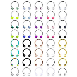 Ftovosyo 40Pcs 16G Surgical Steel Nose Septum Rings Piercing Jewelry Horseshoe Cartilage Helix Tragus Earring Hoop Eyebrow Lip Hoop Retainer for Women Men 10mm 3/8 Inch Silver Black