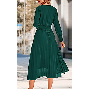 PRETTYGARDEN Women's Midi Long Puff Sleeve Spring Dresses 2024 Smocked Waist Wrap V Neck Flowy Ruffle Pleated Casual Dresses (Dark Green,Medium)