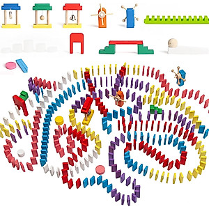 Joqutoys 600 PCS Dominoes Set for Kids, Wooden Domino Building Blocks, 6 Colors Bulk Dominoes Racing Tiles Games with Extra 26 Add-on Blocks and Storage Bag, Educational Toys for Kids Birthday Party