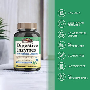 Elixeed Digestive Enzymes Plus Probiotics & Prebiotics, 22 Digestive Enzymes with Amylase, Protease, Lactase & More, Maximum Strength, for Healthy Digestion, Vegan, Non-GMO, 30 Caps
