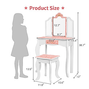 OOOK Kids Vanity Set, Girls Makeup Vanity Table and Chair Set, Premium Toddler Vanity Set with Detachable Tri-fold Mirror, Stool and Large Storage Drawer.