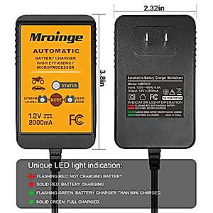 Mroinge MBC022, 12V 2A Lead Acid & Lithium(LiFePO4) Automatic Trickle Battery Charger Smart Battery Maintainer for Car Motorcycle Lawn Mower Boat ATV SLA AGM Gel Lithium(LiFePO4) and More Batteries