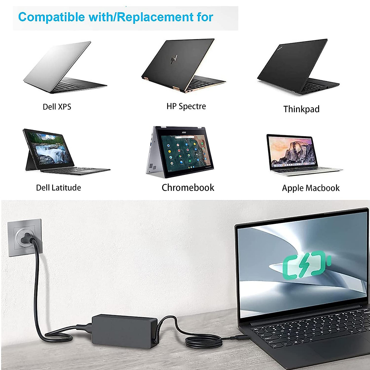 65W 45W USB C Charger Fit for Dell Chromebook 3100 3400 3380 5190 5300 Latitude 7420 74105520 5320 5420 7310 7320 9420 9510 7390 XPS 13 9305 P28T P29T P86F P30T DA65NM190 HA65NM170 LA65NM170 LA65NM190